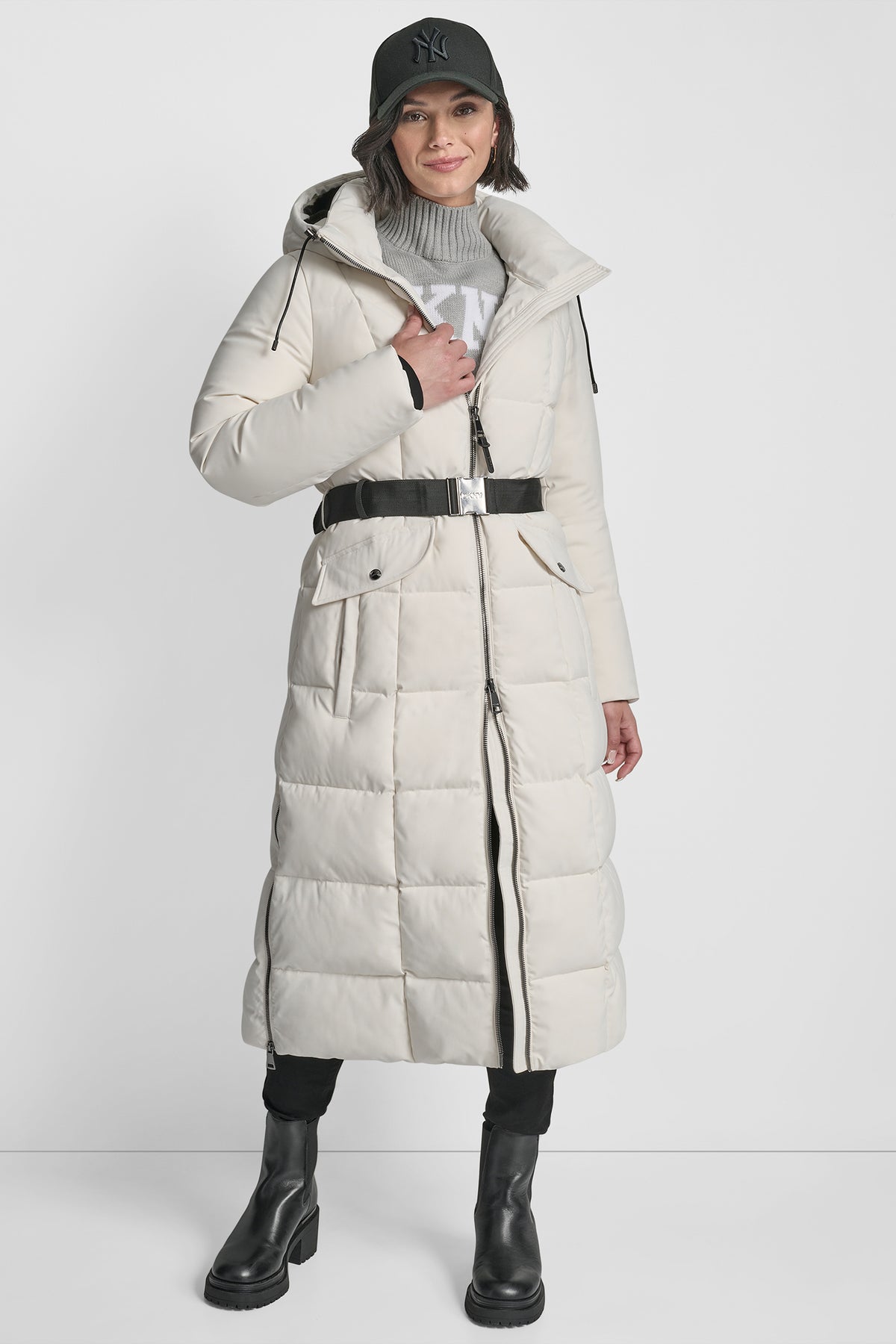 Box Quilt Long Puffer With Belt | Long Puffer | DKNY